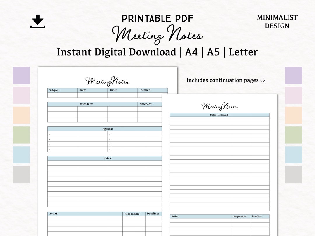 Meeting Notes | Digital Download PDF Printable | A4, A5, Letter ...