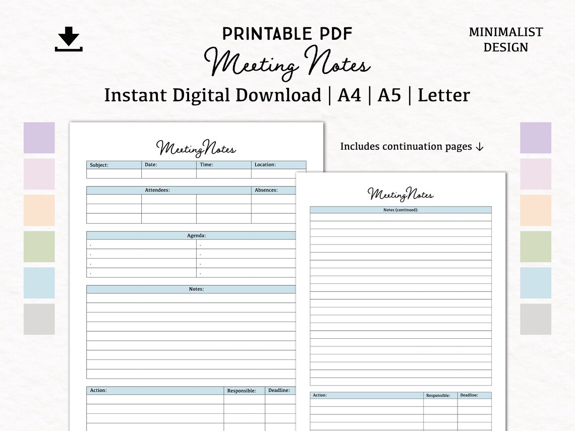 Meeting Notes | Digital Download PDF Printable | A4, A5, Letter ...