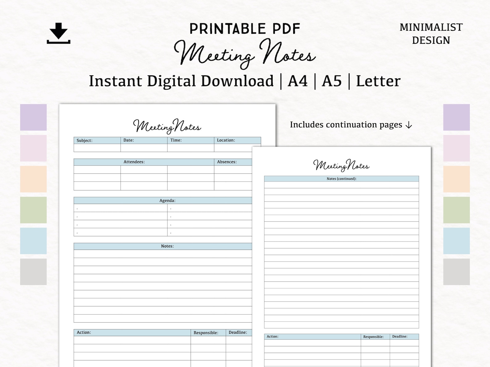 Meeting Notes | Digital Download PDF Printable | A4, A5, Letter ...