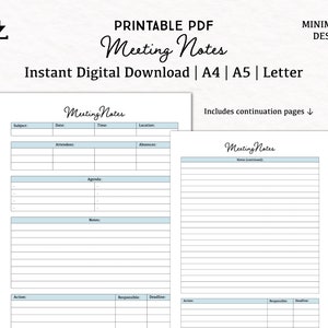 Meeting Notes | Digital Download PDF Printable | A4, A5, Letter ...