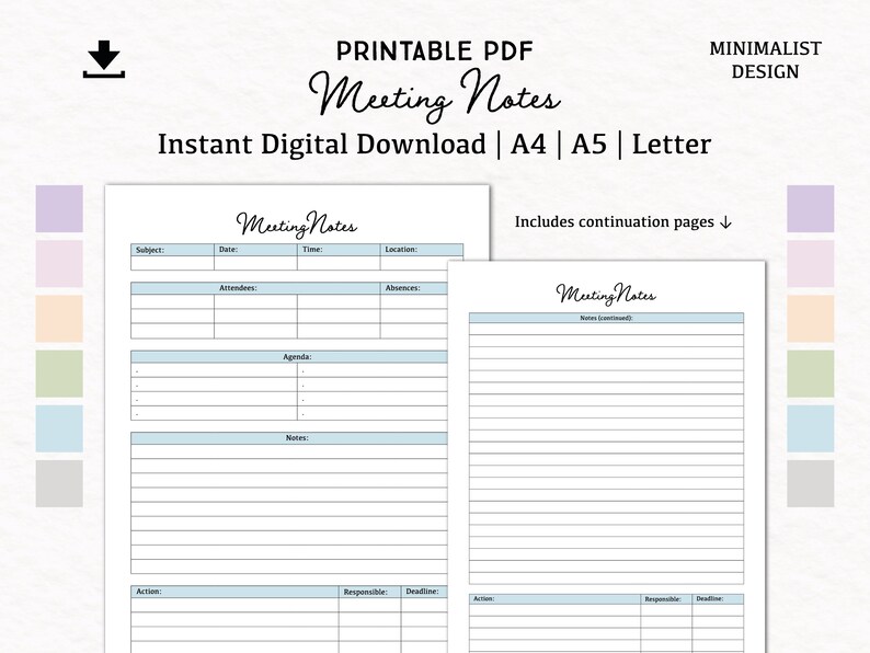 Meeting Notes | Digital Download PDF Printable | A4, A5, Letter ...