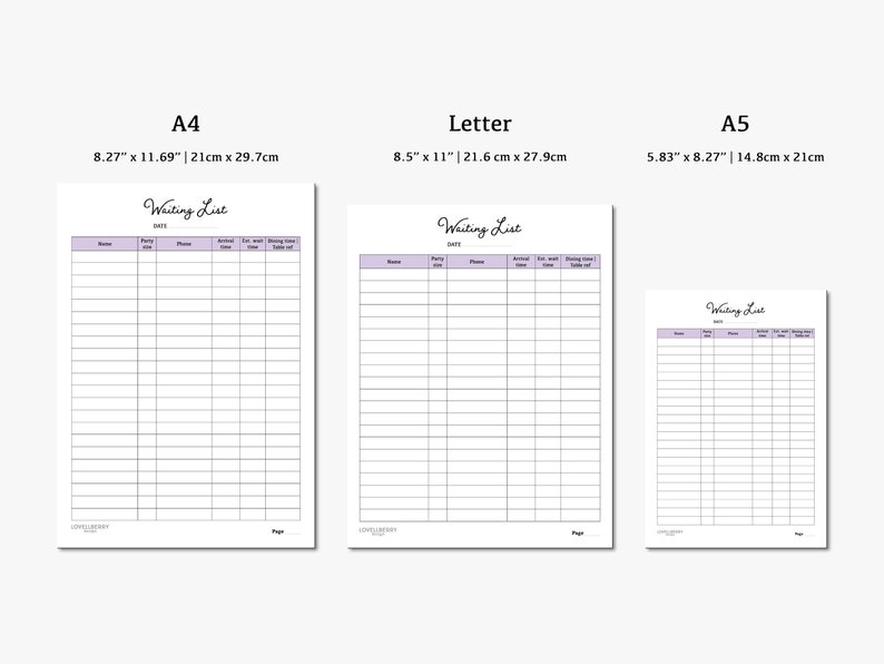 Waiting List | Digital Download PDF Printable | A4, A5, Letter | Table ...