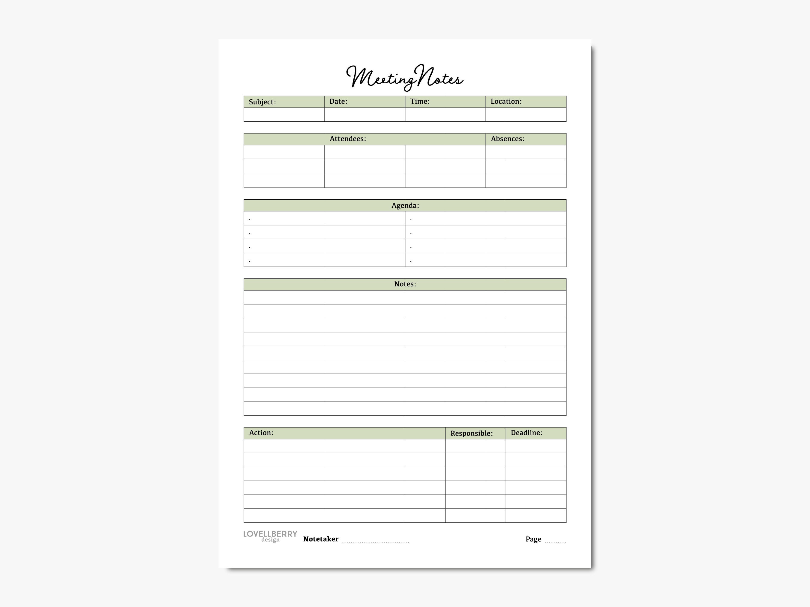 Meeting Notes | Digital Download PDF Printable | A4, A5, Letter ...