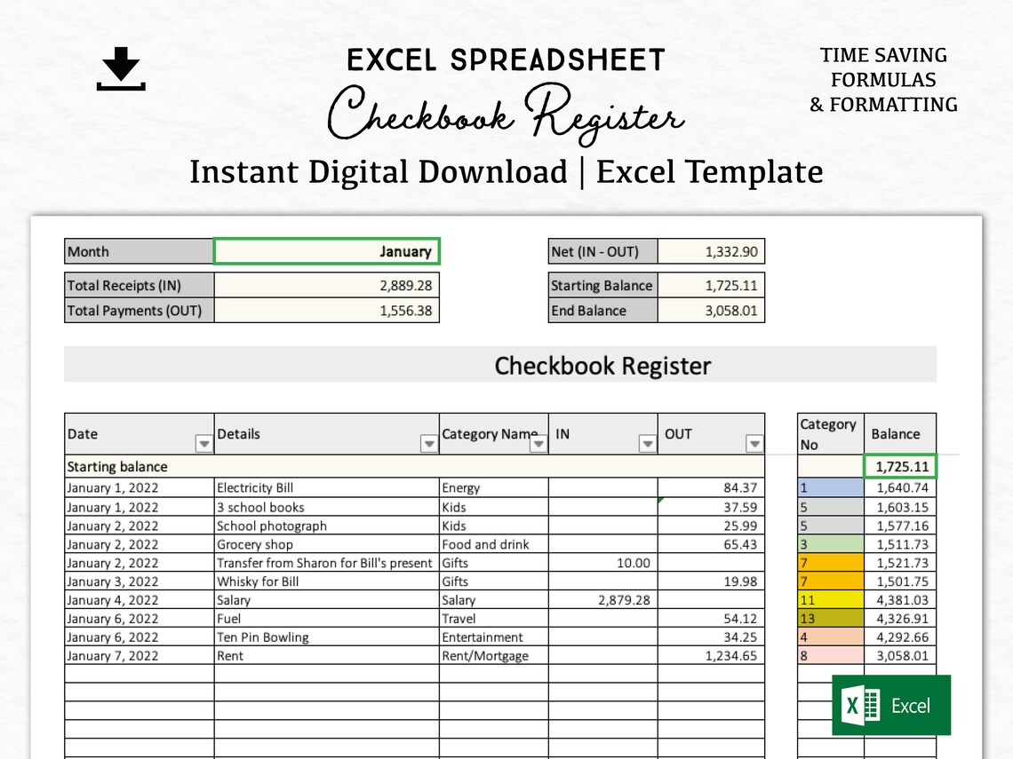 Checkbook Register Excel Spreadsheet | Digital Download Excel Template ...