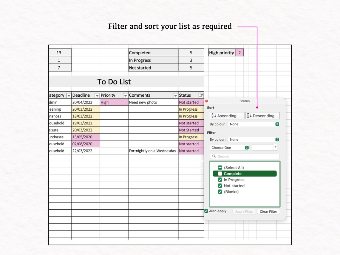To Do List Excel Spreadsheet | Digital Download Excel Template ...
