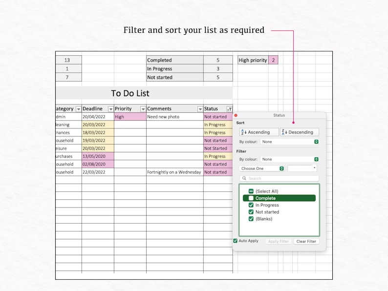To Do List Excel Spreadsheet | Digital Download Excel Template ...