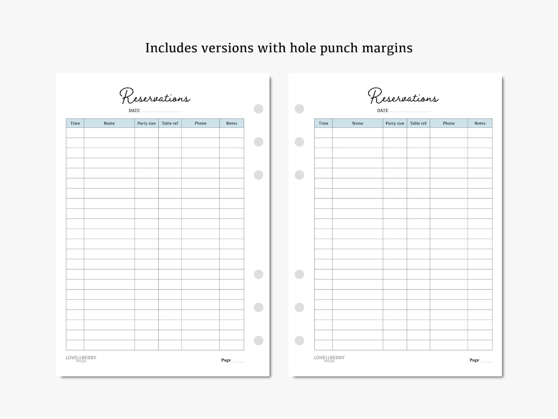 Reservations List | Digital Download PDF Printable | A4, A5, Letter ...