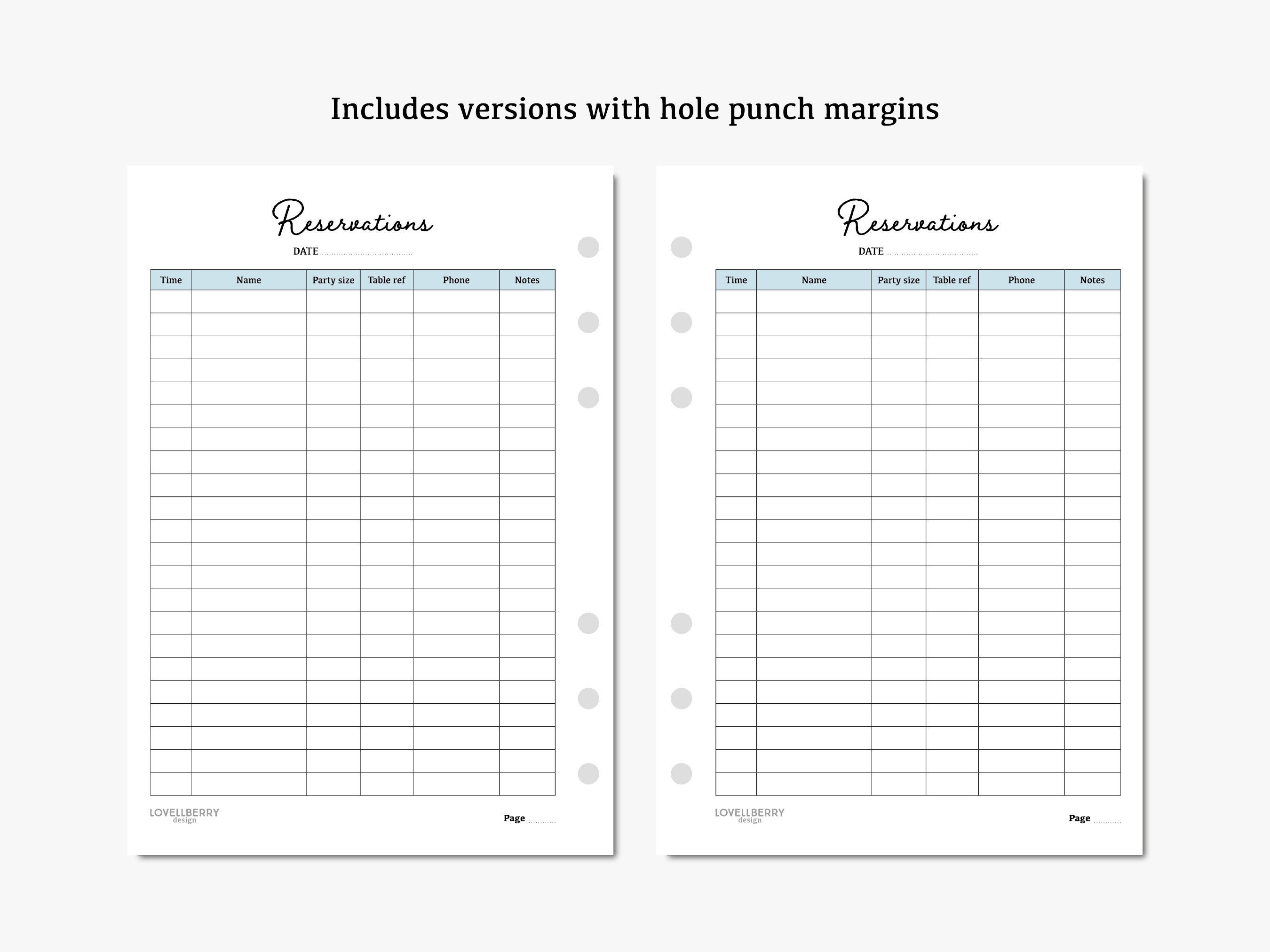 Reservations List | Digital Download PDF Printable | A4, A5, Letter ...