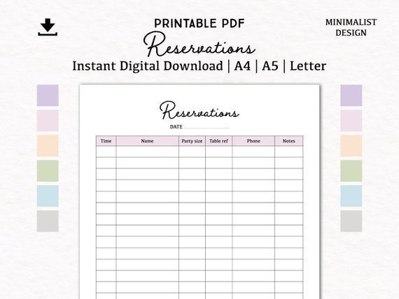 Reservations List Digital Download PDF Printable A4 A5 - Etsy