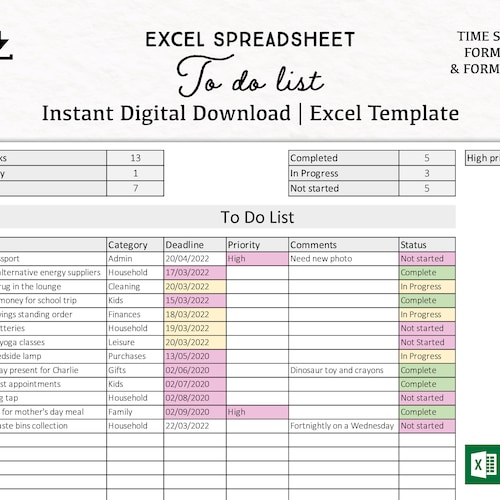 To Do List Excel Spreadsheet Digital Download Excel Template - Etsy