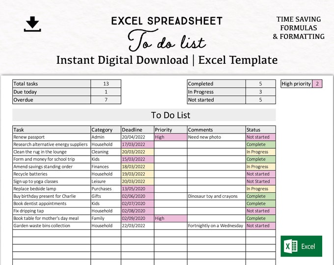 To Do List | Task Allocation Excel Spreadsheet | Digital Download Excel ...