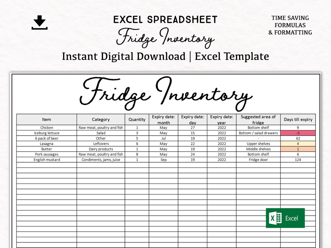 Fridge Inventory Excel Spreadsheet | Digital Download Excel Template ...