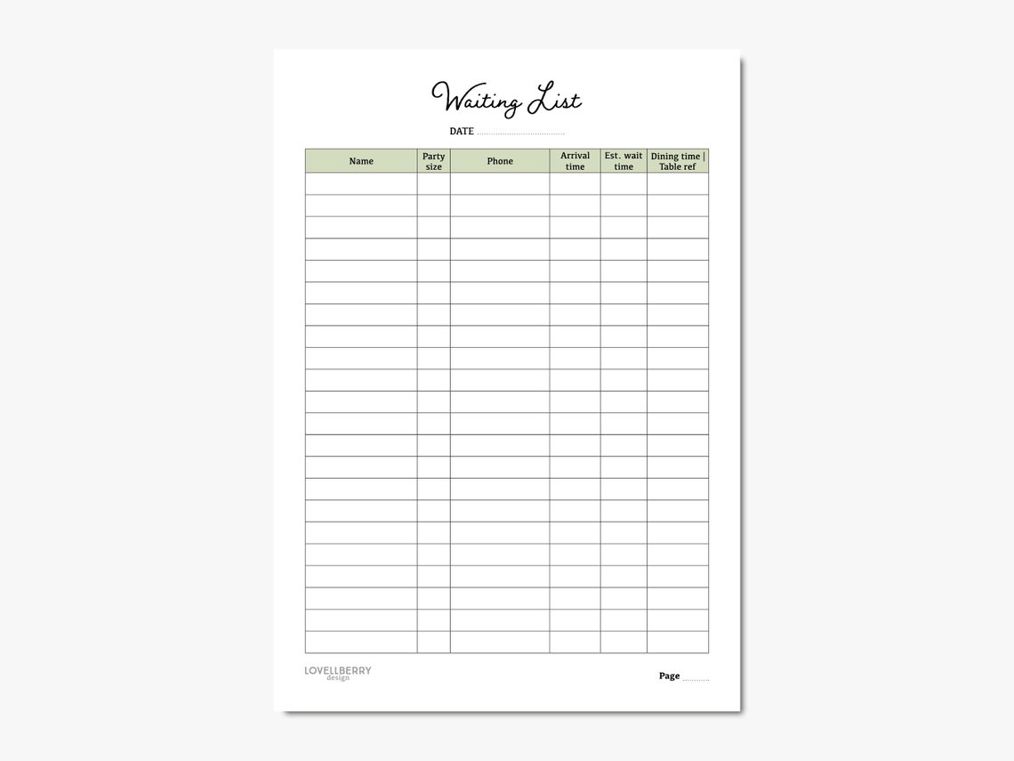 Waiting List | Digital Download PDF Printable | A4, A5, Letter | Table ...