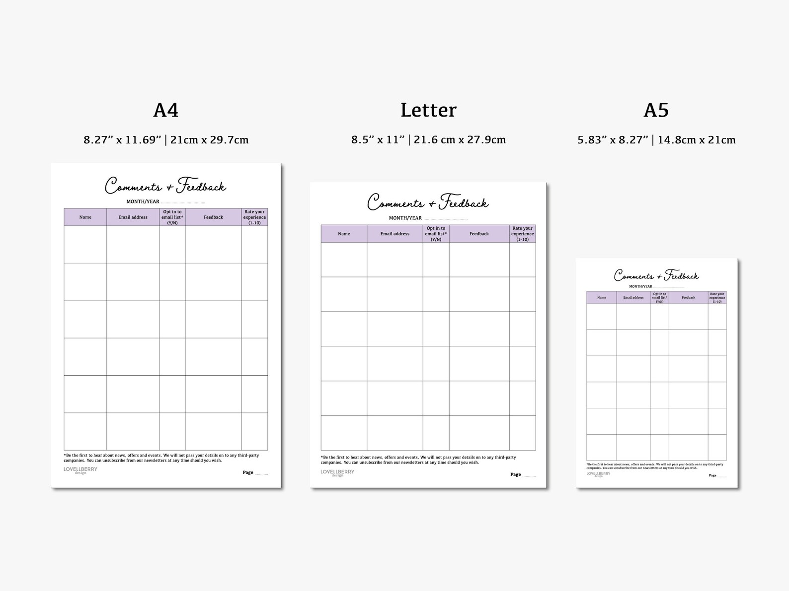 Comments & Feedback Form | Digital Download PDF Printable | A4, A5 ...