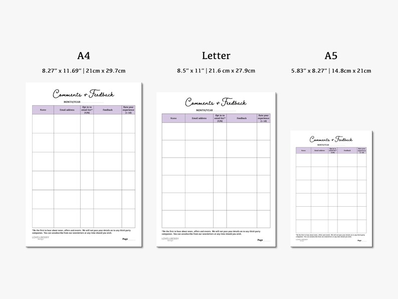 Comments & Feedback Form | Digital Download PDF Printable | A4, A5 ...