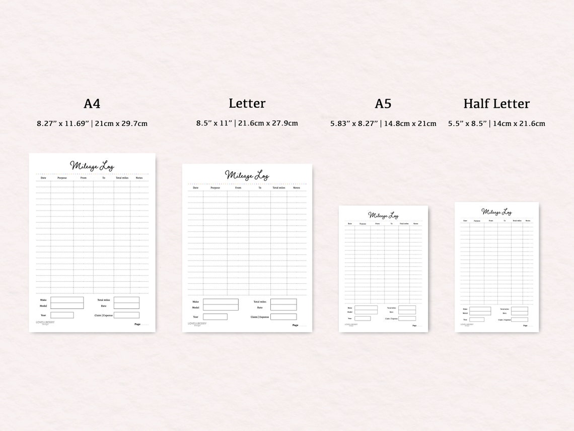 Mileage Log | Digital Download PDF Printable | A4, A4, Letter and Half ...