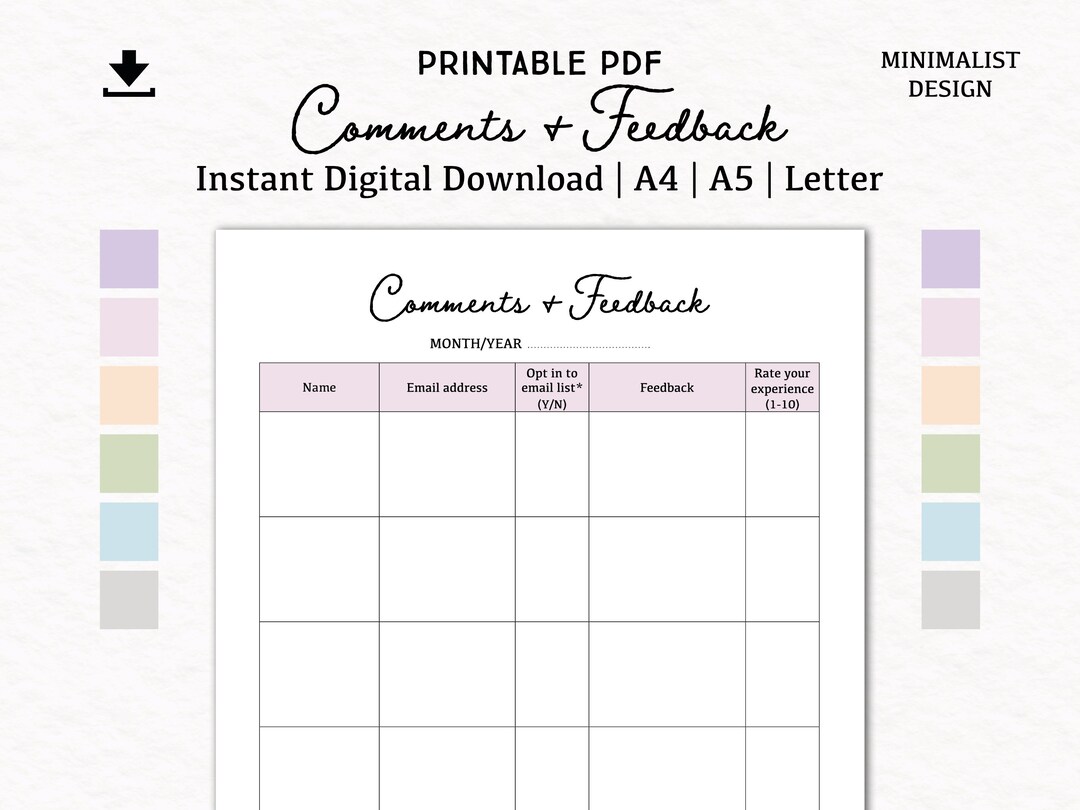 Comments & Feedback Form | Digital Download PDF Printable | A4, A5 ...