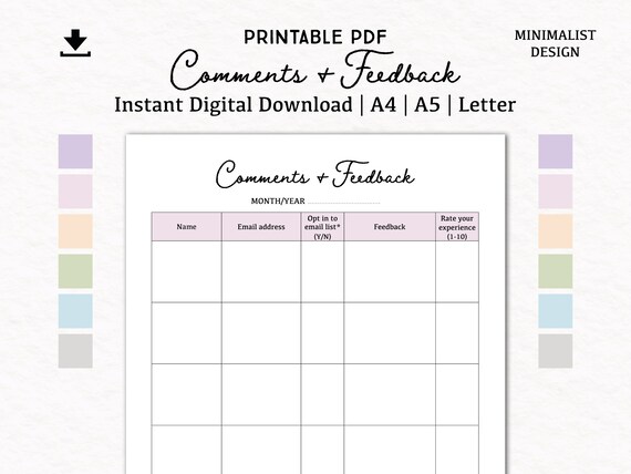 Comments & Feedback Form Digital Download PDF Printable | Etsy