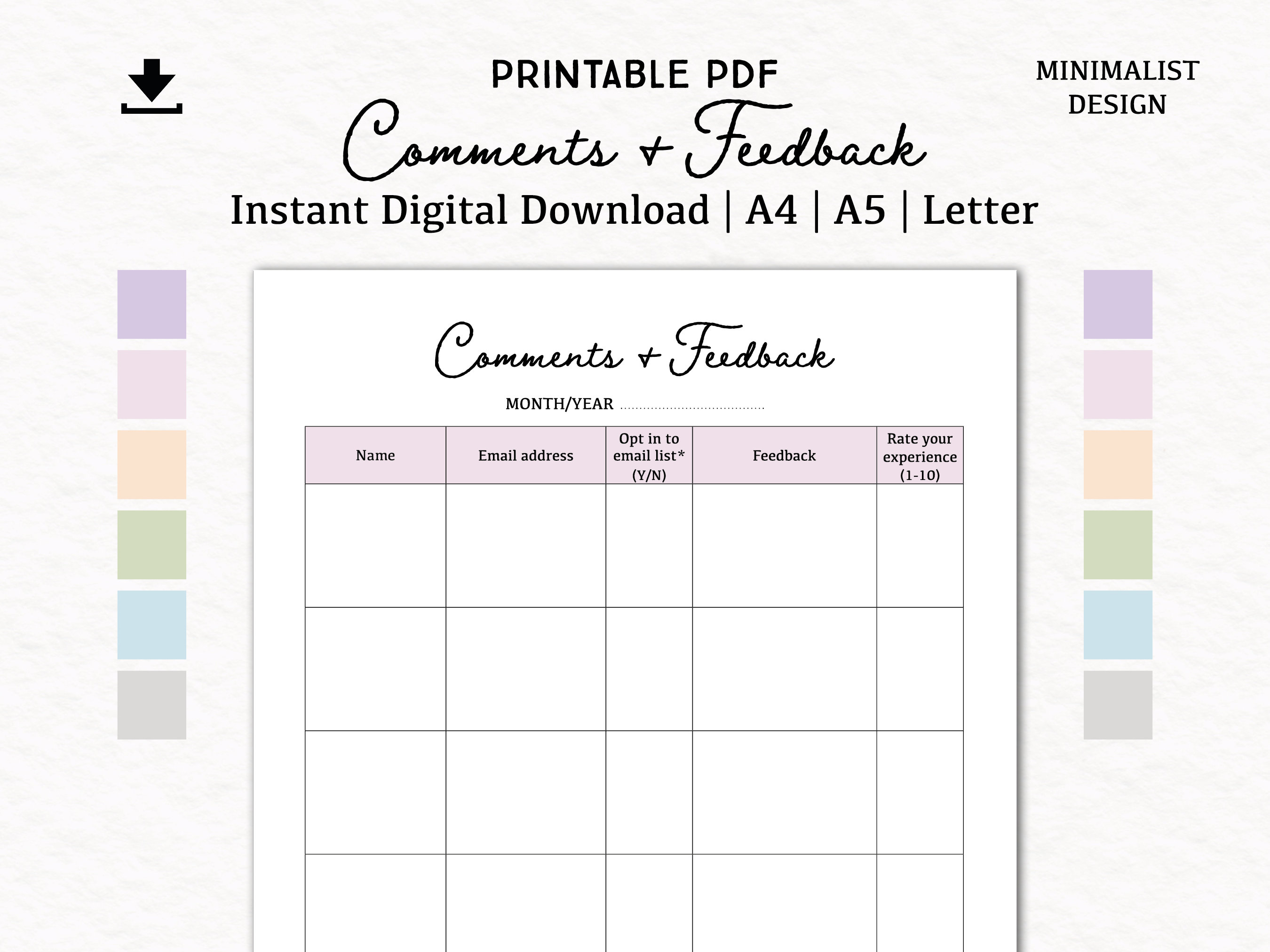 Comments & Feedback Form | Digital Download PDF Printable | A4, A5 ...