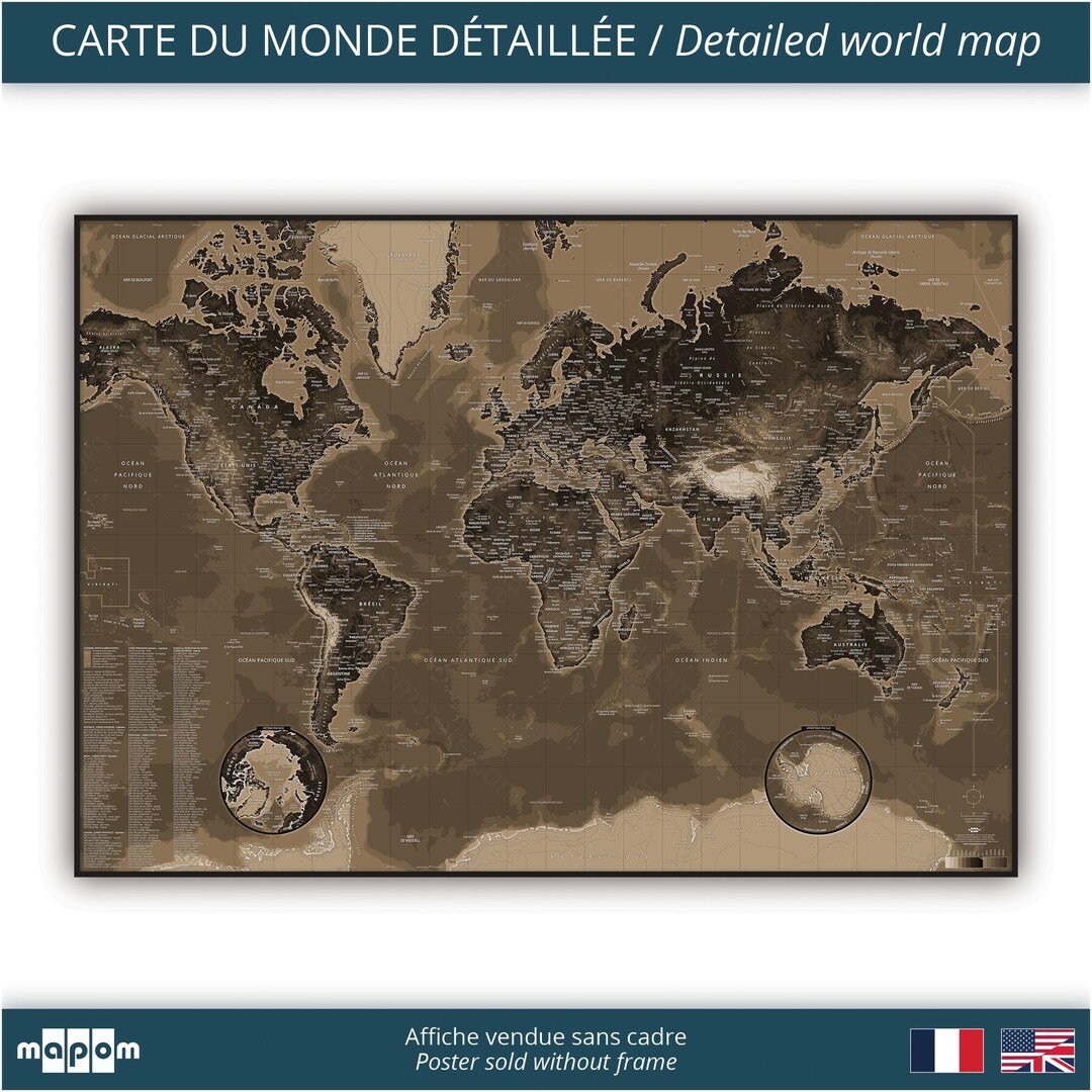 World Map SEPIA Style, by Mapom France - Etsy