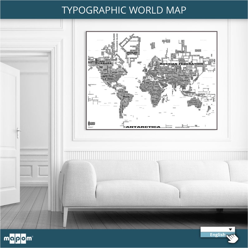 WHITE & BLACK Typographic World Map by Mapom® - Etsy