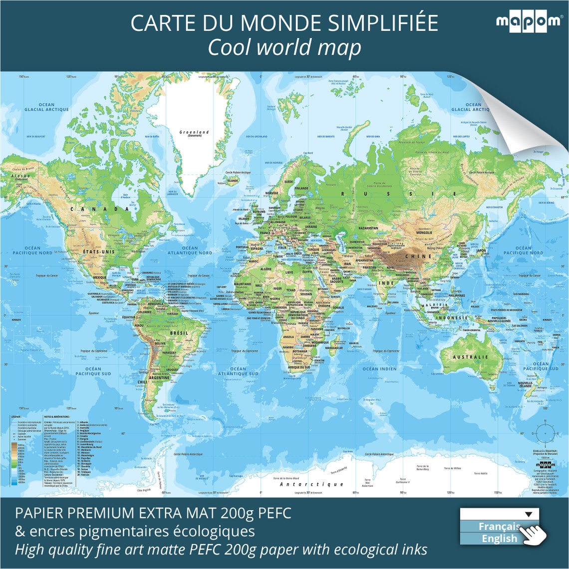Simplified World Map RELIEF by Mapom® - Etsy