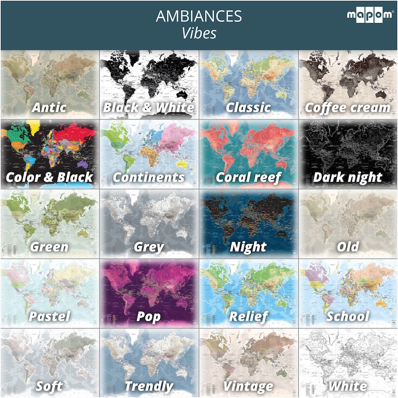 Detailed World Map DARK NIGHT by Mapom® - Etsy