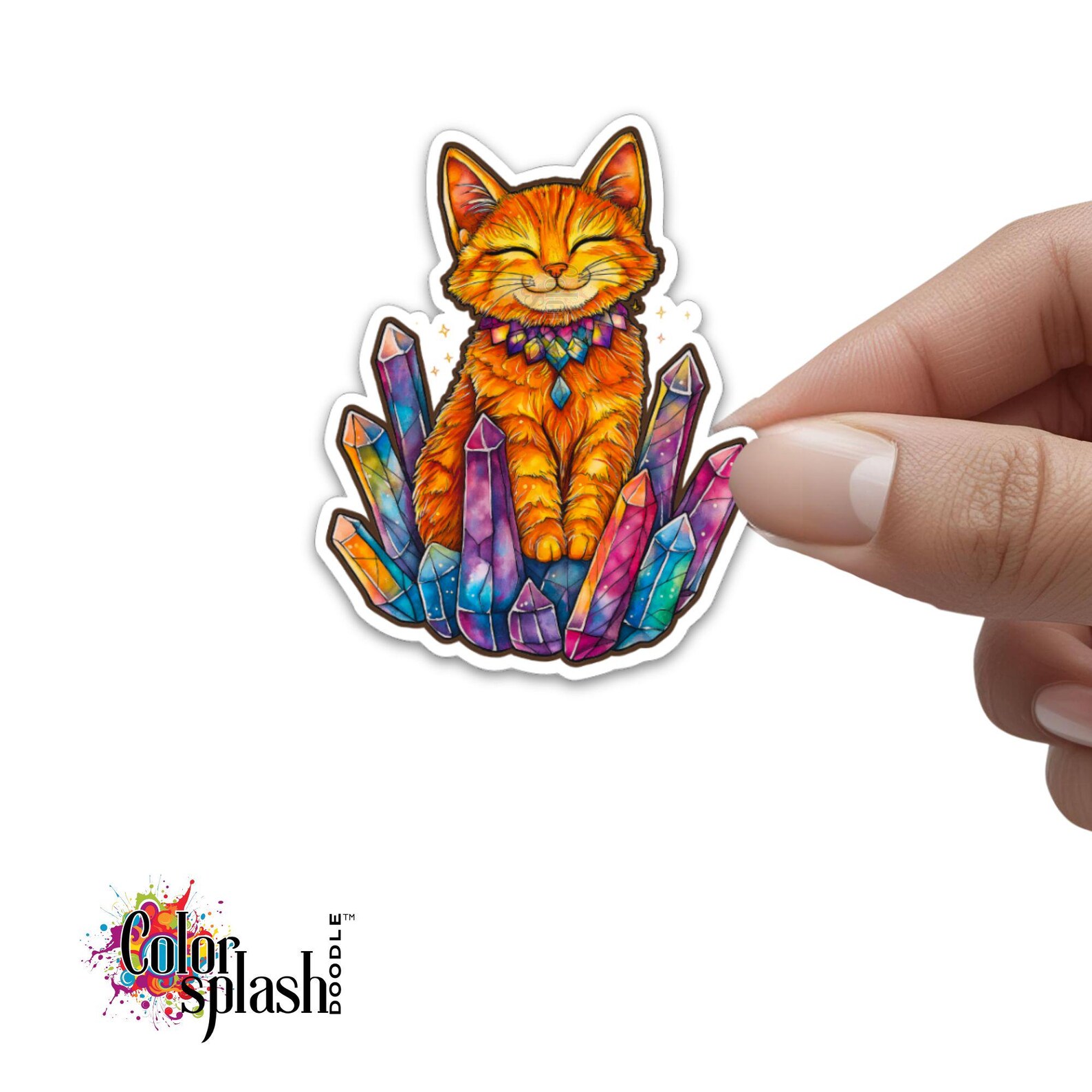 Smiling Ginger Cat on Rainbow Crystals Sticker | Magical Boho Feline ...