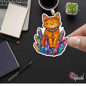 Smiling Ginger Cat on Rainbow Crystals Sticker | Magical Boho Feline ...