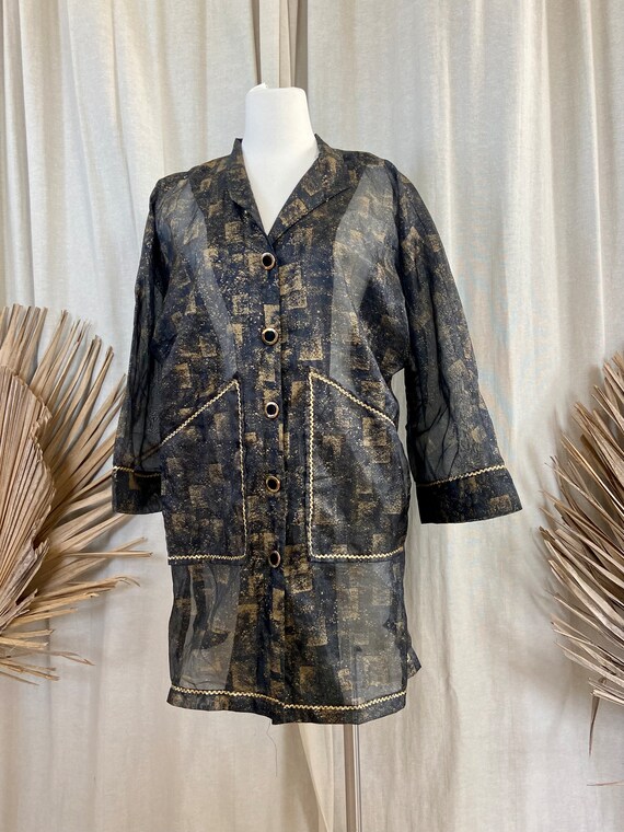 Sheer black mini kimono with metallic gold print - Gem