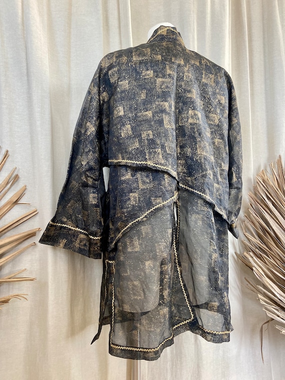 Sheer black mini kimono with metallic gold print - Gem