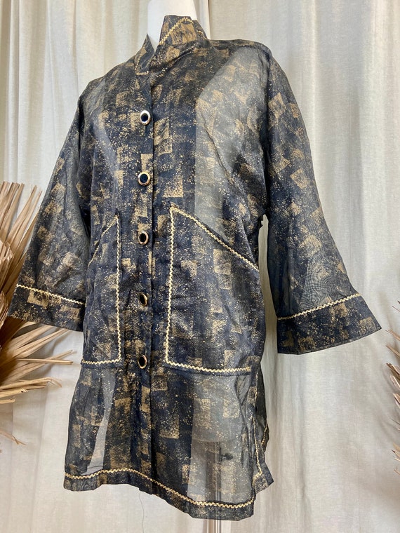 Sheer black mini kimono with metallic gold print - Gem