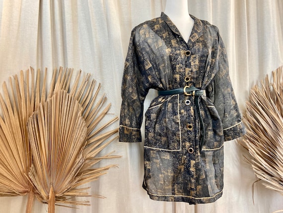 Sheer black mini kimono with metallic gold print - Gem