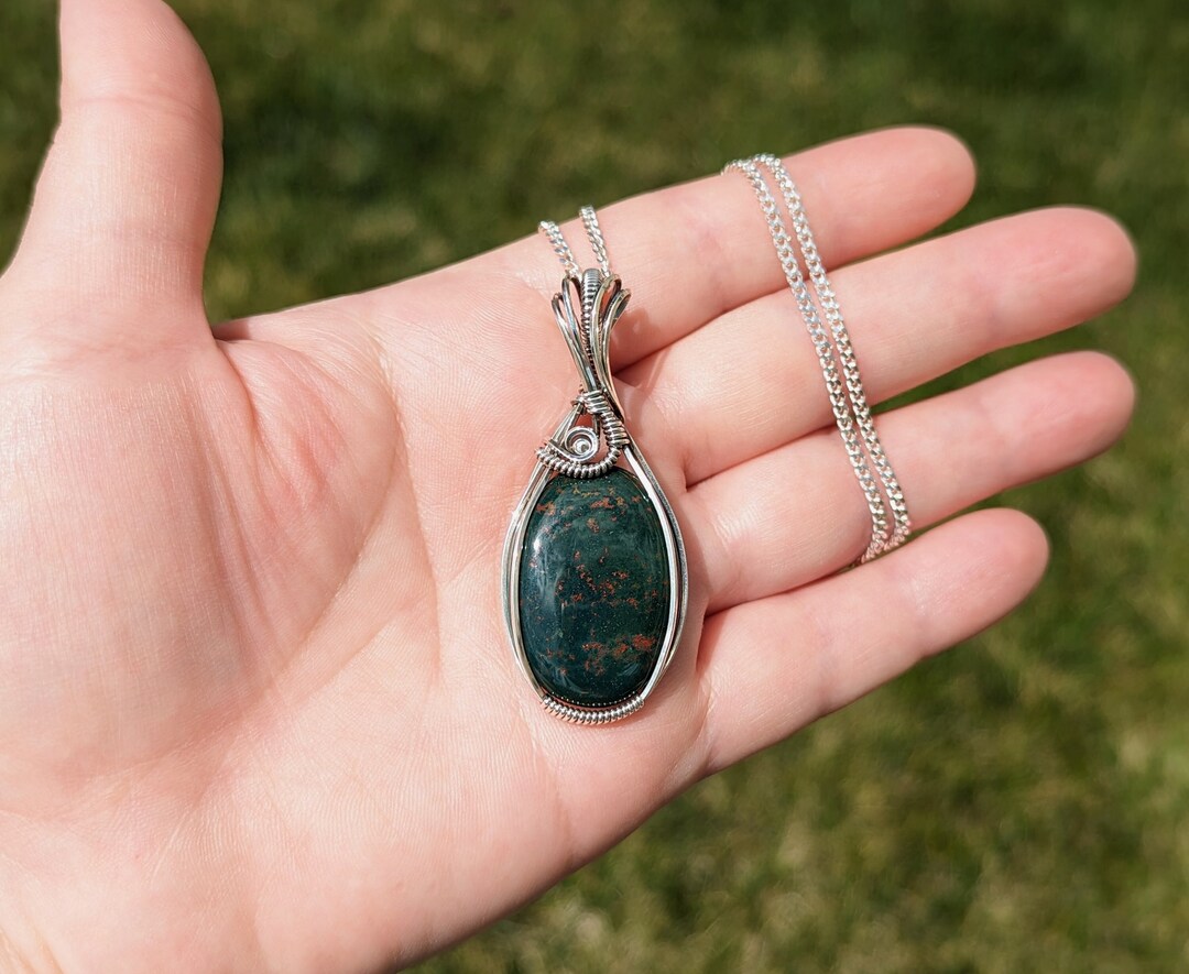 Silver Bloodstone Pendant; Aries Birthstone; Wire Wrapped; Unique; for ...
