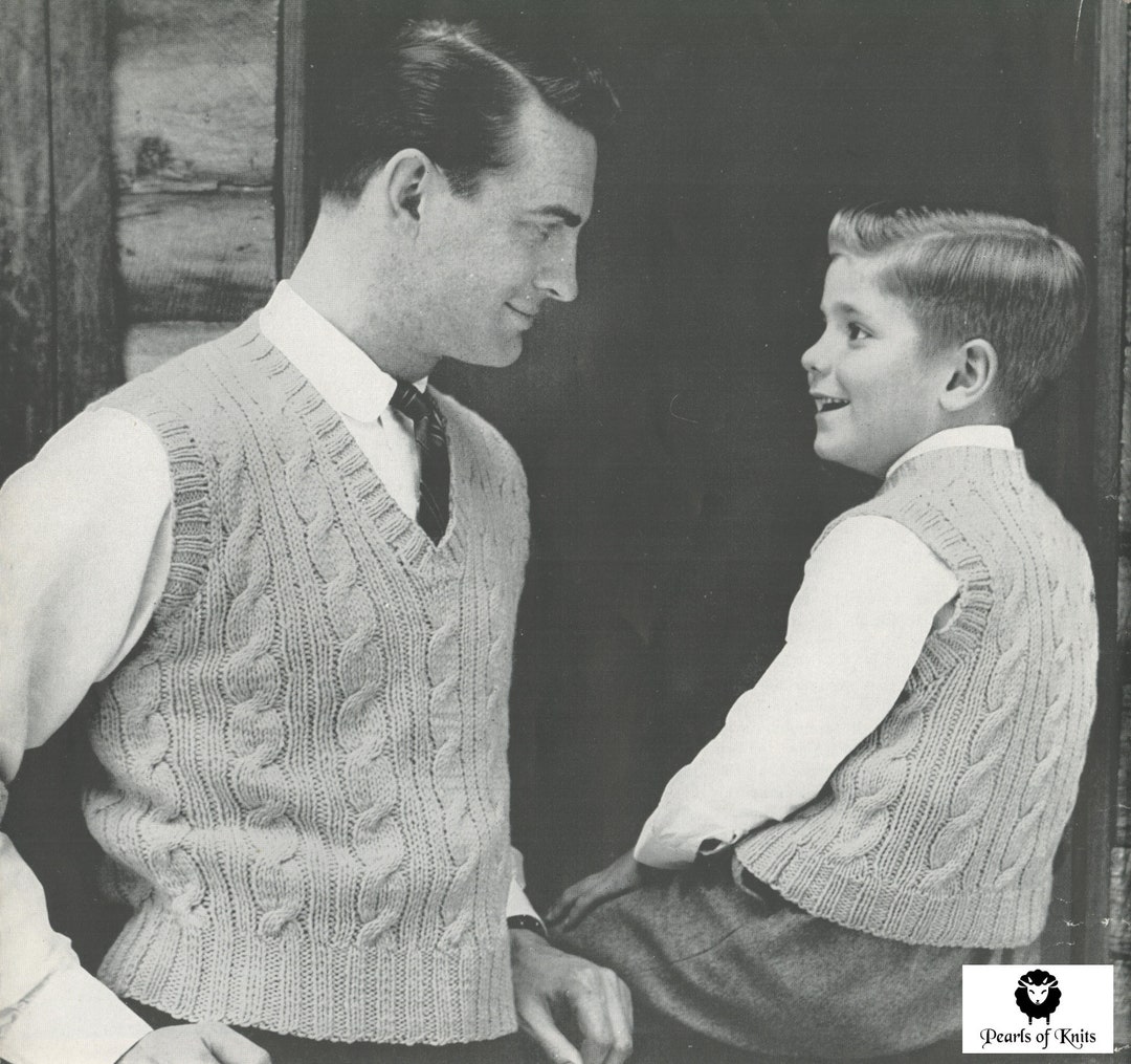 Father and Son Matching Cable Knit Vests - Vintage Knitting Pattern ...