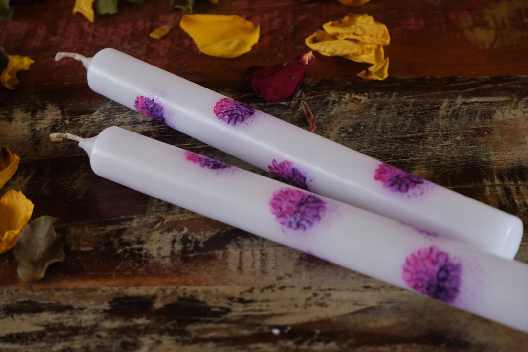 Hand Painted Floral Candles, Set of 2/white Candles With Cute Flower ...