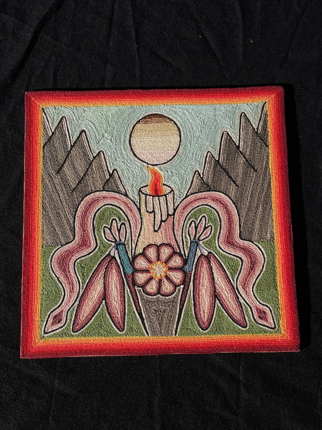 Huichol Indigenous Fair Trade Yarn Painting Native Made Peyote Art Blue ...