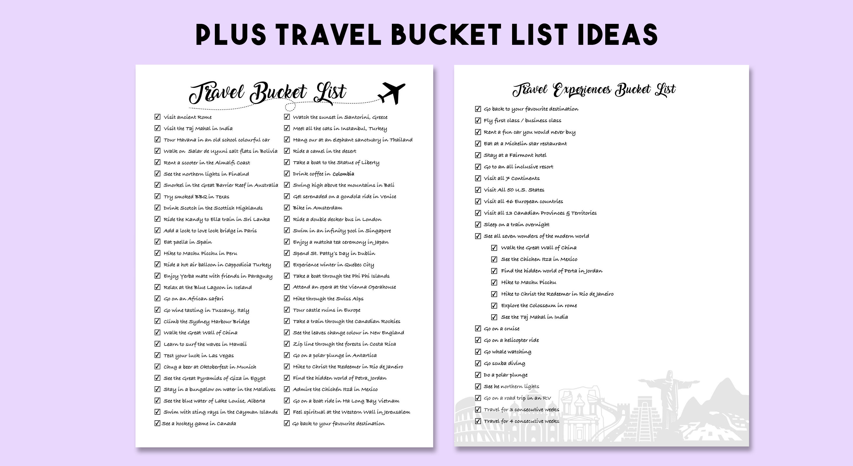 Travel Bucket List Bundle, Blank Templates & Travel Checklists, Travel ...