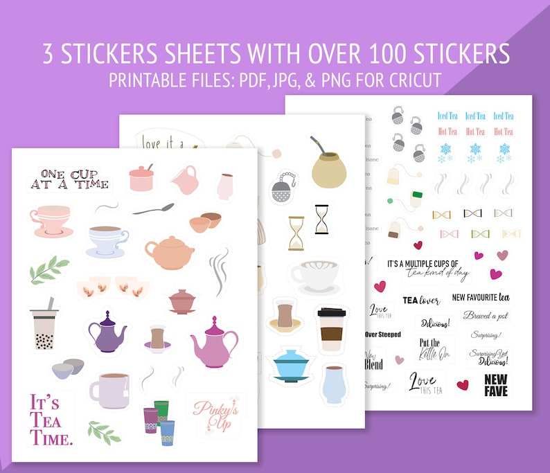 Printable Tea Sticker Sheets 100 Tea Stickers Tea Gift PNG for Cricut ...