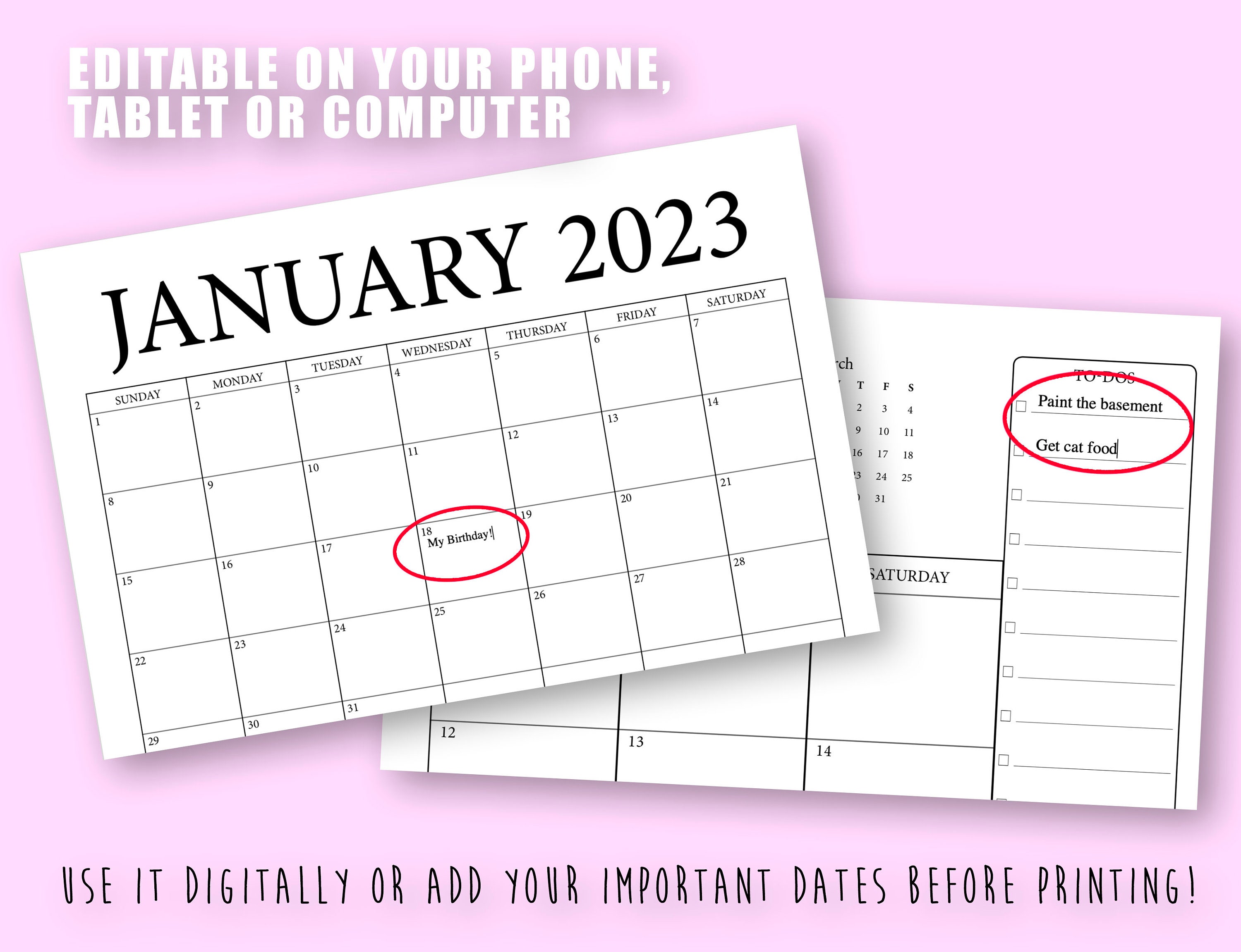 Minimalist 2023 Monthly Calendar Editable & Printable Sunday - Etsy Canada