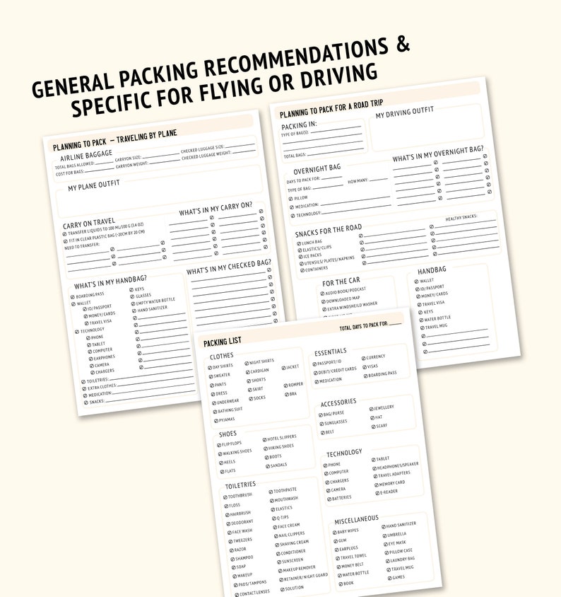 Travel Packing List | Digital & Printable Use | Packing Checklist and ...