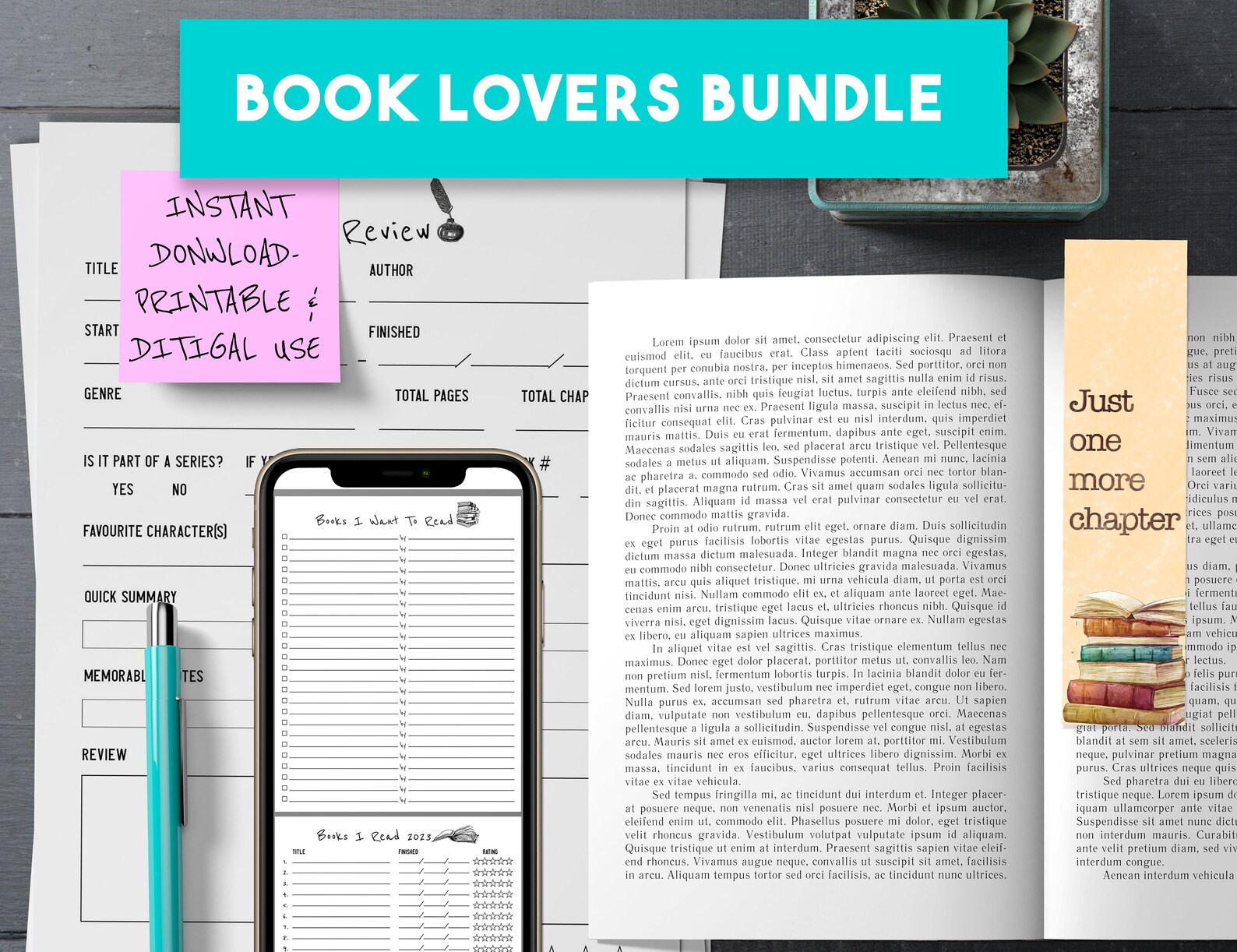 Reading Bundle: Book Review, Tracker, Wish List, Bookmarks (digital ...