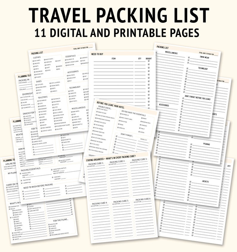 Travel Packing List | Digital & Printable Use | Packing Checklist and ...
