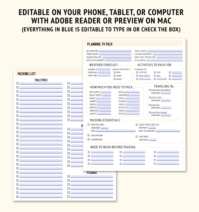 Travel Packing List | Digital & Printable Use | Packing Checklist and ...