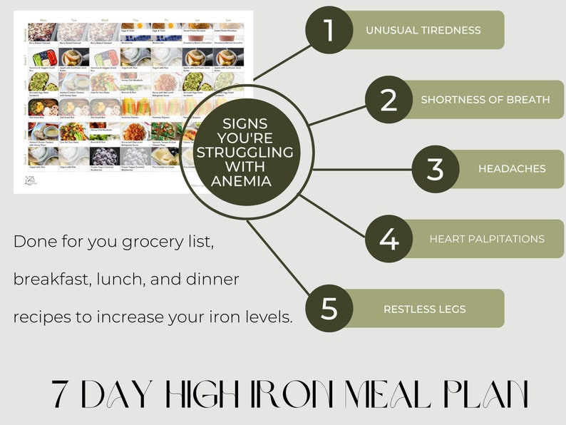 7 Day High Iron Meal Plan for Anemia. - Etsy