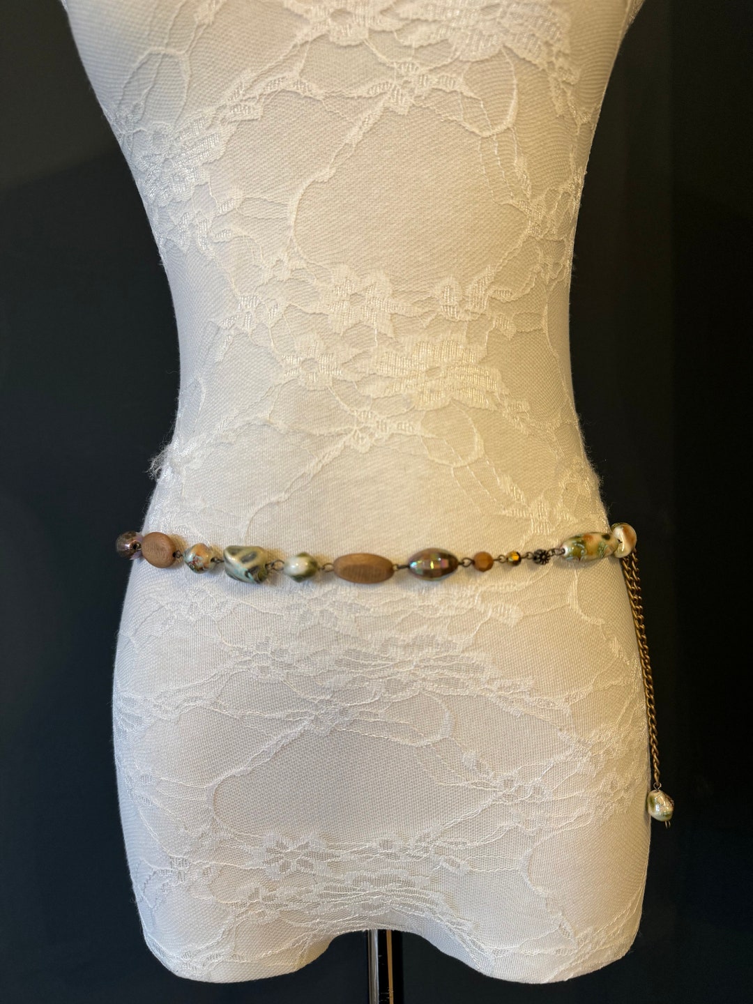 X-long Belt, Marble Bead Belt, Antique Look, Chain Belt, Vintage Style ...