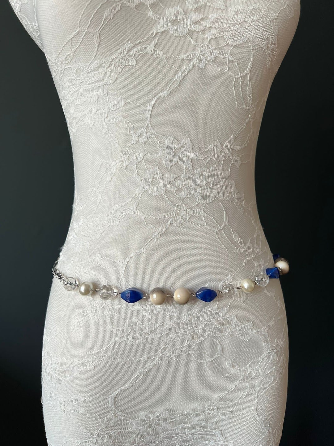 X-long Belt, Beaded Belt, Royal, Cream, Pearl, Clear Beads, Chain Belt ...