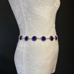 X-long Belt, Royal Blue Rhinestone Belt, Gold Chain Belt, Vintage Style ...