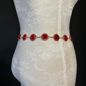 X-long Belt, Red Jewel Rhinestone Belt, Gold Chain Belt, Vintage Style ...