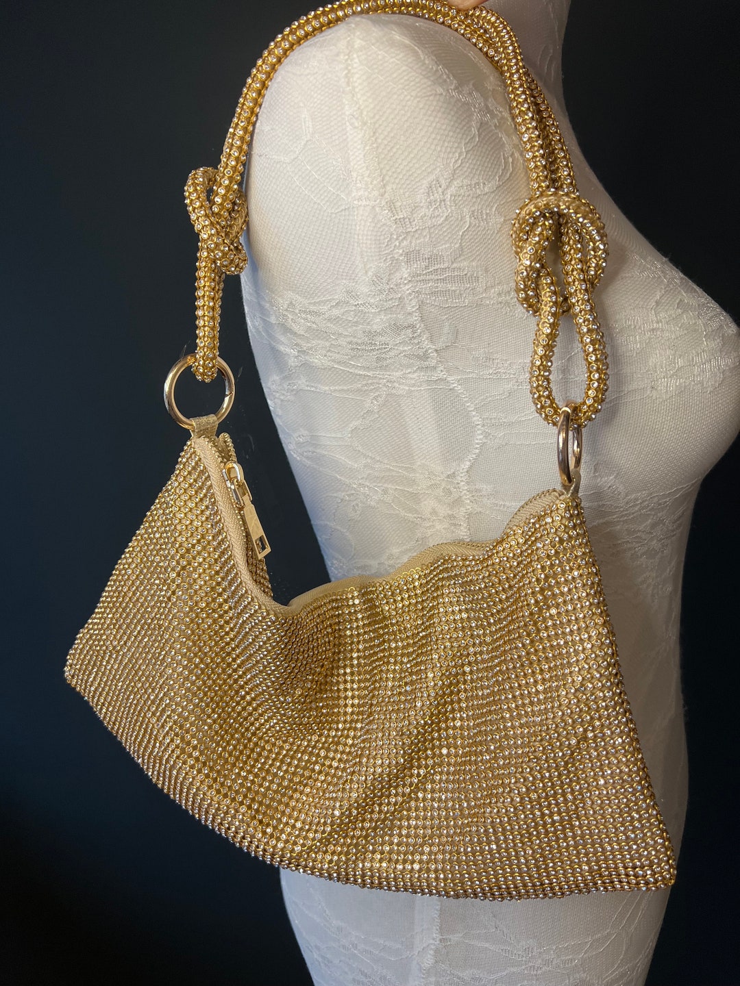 Gold Shiny Sparkly Rhinestone Mesh Bag, Purse, Clutch, Handbag, Party ...